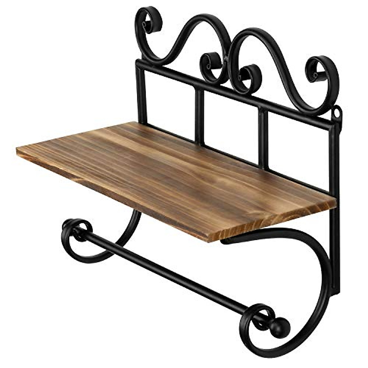 MyGift Wall Mounted Black Metal Kitchen Paper Towel Holder and Burnt Solid Wood Storage Display Shelf Spice Rack with Vintage Scrollwork Design