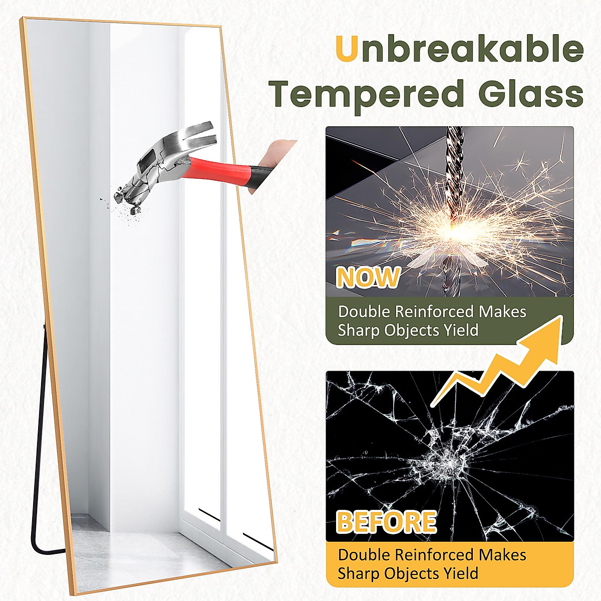 NeuType Full Length Mirror, 64"x21" Floor Mirror, Gold Aluminum Alloy Frame, Tempered Glass Full Body Mirror, Standing Mirror Wall-Mounted for Living Room Bedroom Hallway Dressing