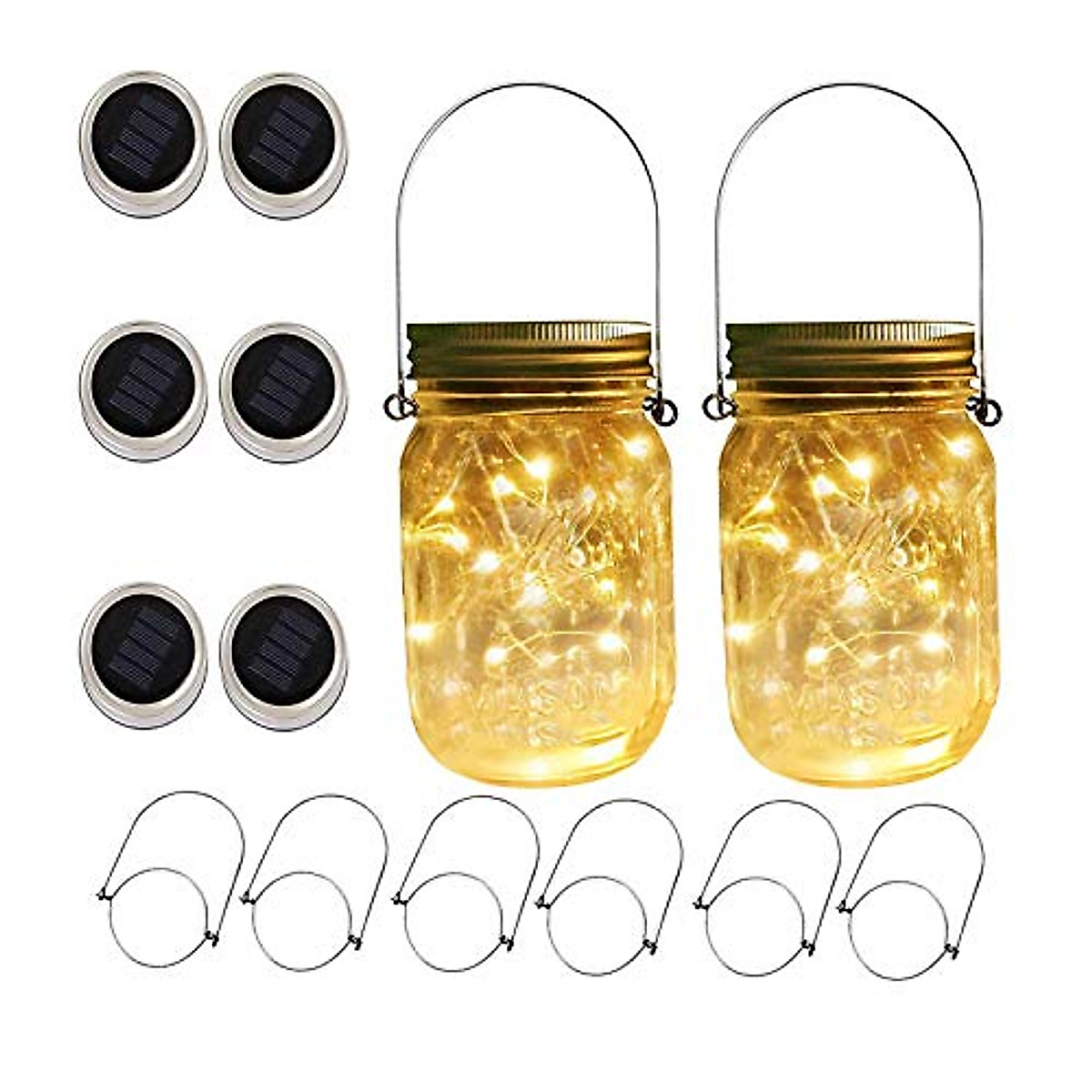 6 Pack Solar Mason Jar Lights With 6 Handle/2 Fairy Sticker, 30 LED Solar Mason Jar Lids Fairy Lights Outdoor For Party Patio Garden Decor Solar Fairy Lanterns Table Lights Warm White(No Jars)