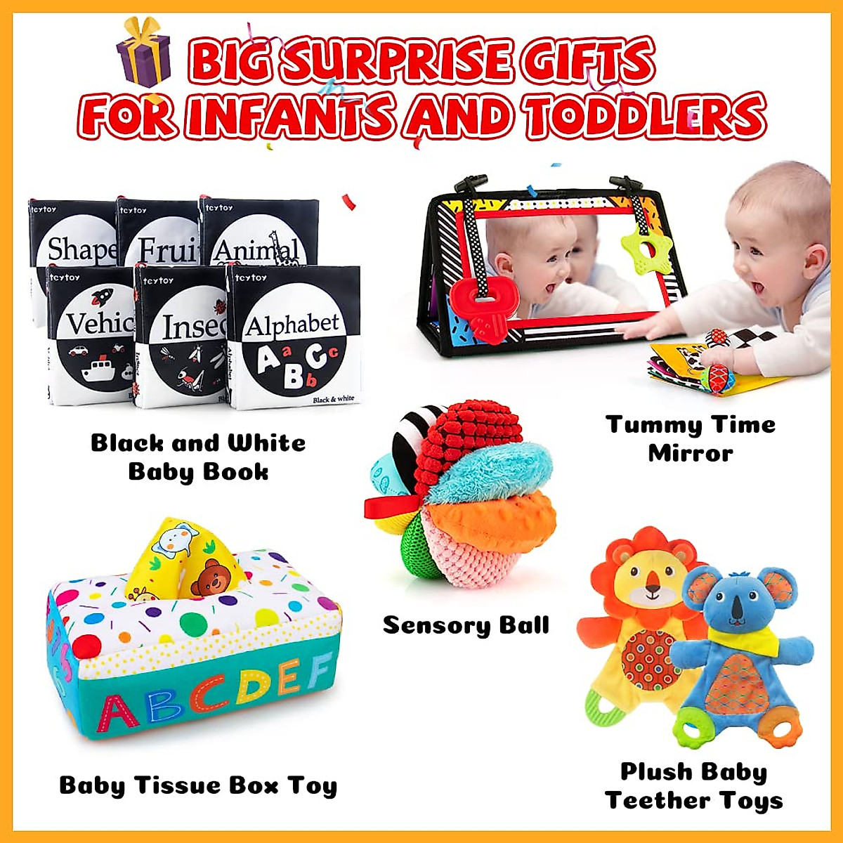 Baby Gifts Set,Infant Toys Set with Tummy Time Mirror,Plush Teethers,High Contrast Baby Books,Rattle,Tissue Box Toy,Sensory Ball for Boys Girls,Perfect Sensory Toys Gifts Basket for Shower Birthday