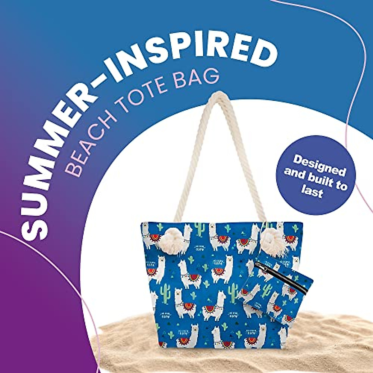 Rave Envy Llama Beach Shoulder Tote Bag - Llama Gifts for Women, Blue With White Llama Weekender Travel Bag