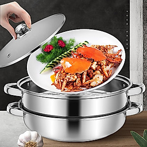 ZENFUN Steamer for Cooking, Steamer Pot with Steamer Insert, 2 Tier Stack and Steam Pot Set with Glass Lid, Stainless Steel Steamer Pot Double Handle, 11 Inch（Thickened）