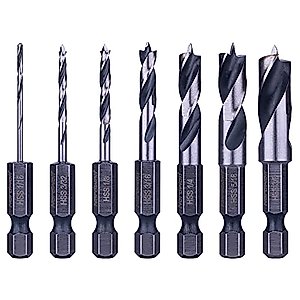 NordWolf 7-Piece HSS Brad Point Stubby Wood Drill Bit Set with 1/4" Hex Shank for Carpenter Woodworking, SAE Sizes 1/16"-3/32"-1/8"-3/16"-1/4"-5/16"-3/8"