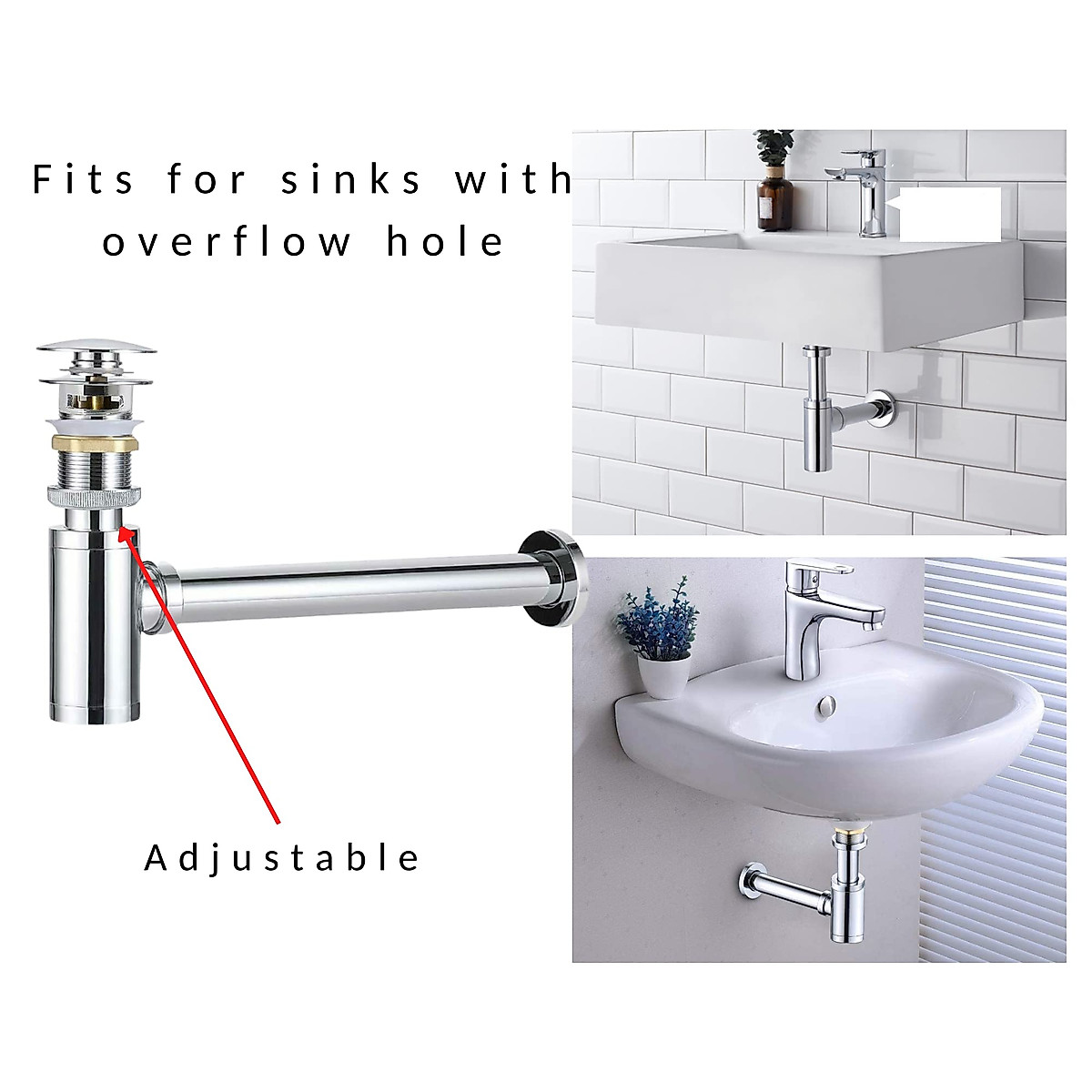 Brass Round P-Trap Waste Pipe Kit Pop Up Sink Drain Stopper Polished Chrome Detachable Anti-Clogging Basket Stopper