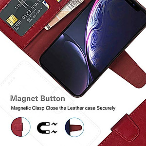 Arae Wallet Case for iPhone XR PU Leather flip case Cover [Stand Feature] with Wrist Strap and [4-Slots] ID&Credit Cards Pocket for iPhone XR 6.1 inch (Wine red)
