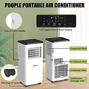 POOPLE 8,000 BTU Portable Air Conditioners, Portable AC for Room up to 350 Sq. Ft, 5-in-1 Portable AC Unit with LED Display/Remote Control/Window Installation Kit/24Hrs Timer, White