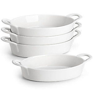MALACASA Oval Au Gratin Baking Dish, 22 oz Casserole Dishes for Oven Safe, Ceramic Mini Baking Pan with Handles, Set of 4 Small Au Gratin Pans for Roasting, Lasagna, Pie, Baking Meat & Vegetables, White