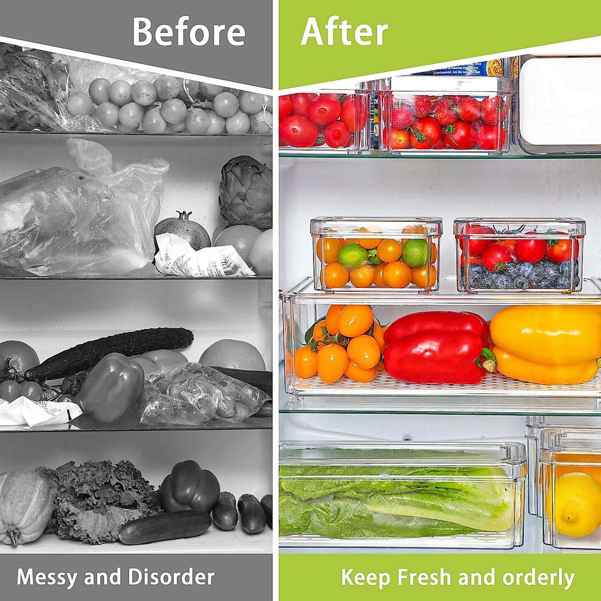 Moretoes 12 Pack Fridge Organizer with Lids, Clear Stackable Refrigerator Organizer Bins with 6 liners, BPA-Free Produce Fruit Storage Containers and Plastic Pantry Organization for Food, Vegetable