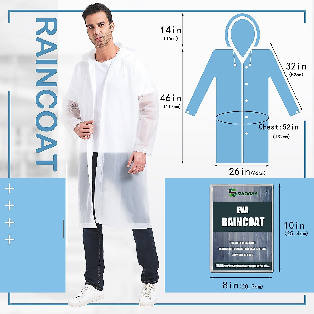 SWOGAA Rain Ponchos for Adults Reusable 2 Pack EVA Raincoats for Women Men 20% Extra Thicker Rain Coat with Cuff Size Adjusters