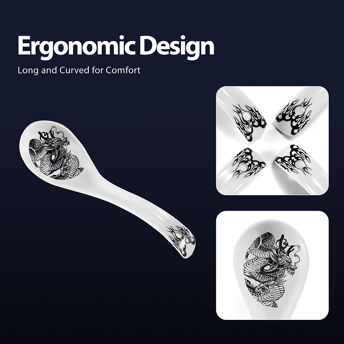 Dragon Ceramic Spoon Soup Spoons Asian Soup Spoon Chinese Korean Japanese Ramen Pho Miso Spoons Set of 4 with Hole 6.2 Inch