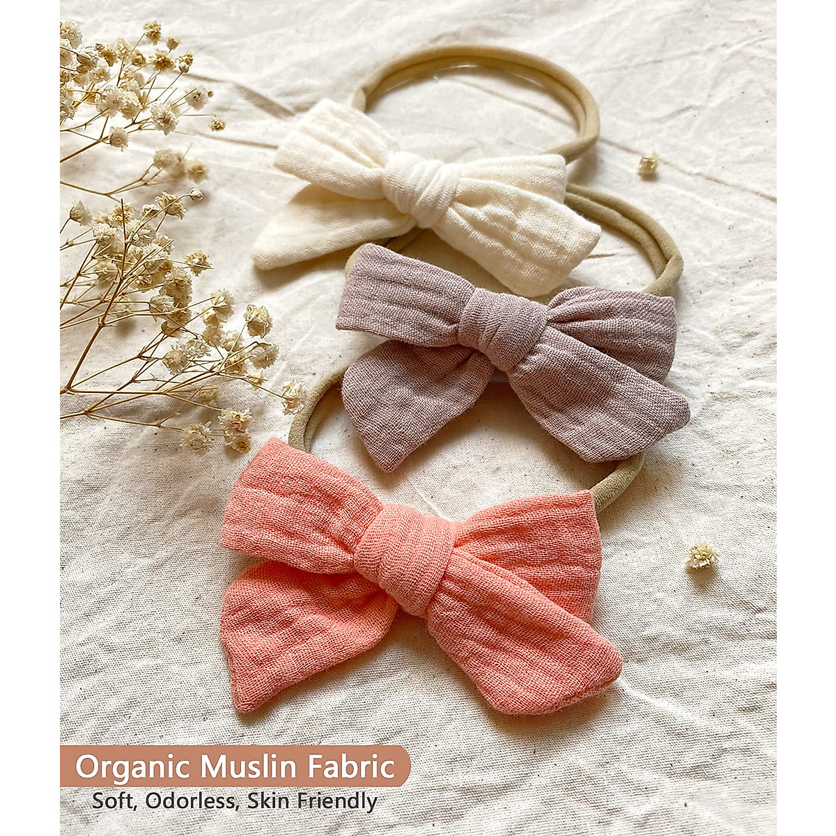 Cherssy Baby Muslin Hair Bows and Headbands, 10pcs Soft Nylon Hairbands for Newborn, Infants, Toddlers