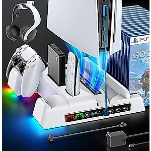 PS5 Stand and Cooling Station with AC Adapter, PS5 Cooling Fan with RGB LED Controller Charging Station for Playstation 5 Console, PS5 Accessories with Controller Charger, 3 USB Hub, Headset Holder
