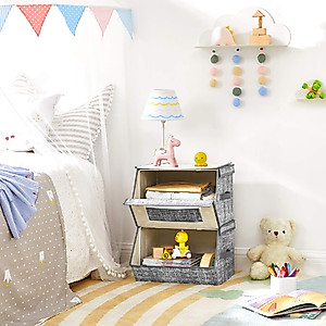 SONGMICS Stackable Storage Bins Set of 2, Fabric Storage Boxes with Lids, Storage Cubes with Magnetic Closures, Front Windows, Lids Can Stay Open after Stacking, Light Gray URLB002G02