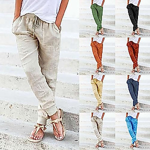 Waist Floral Print Boho Pants Women Flowy Pants Cotton Linen Wide Leg Palazzo Pants Long Lounge Slacks High Waist Button Trousers Pocket Capris Pants for Women Casual Summer OHDUS0811SALE013 Navy