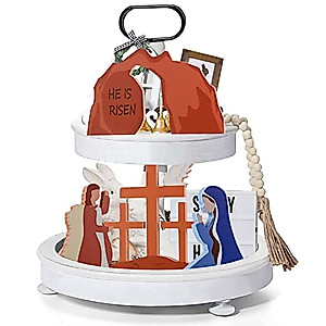 Ufkaa Easter Decorations, 4pcs Religious He is Risen Decor, Wooden Empty Tomb Resurrection Scene, Cross Table Christian Spring Decor, Farmhouse Easter Nativity Tier Tray Decor for Home Mantle