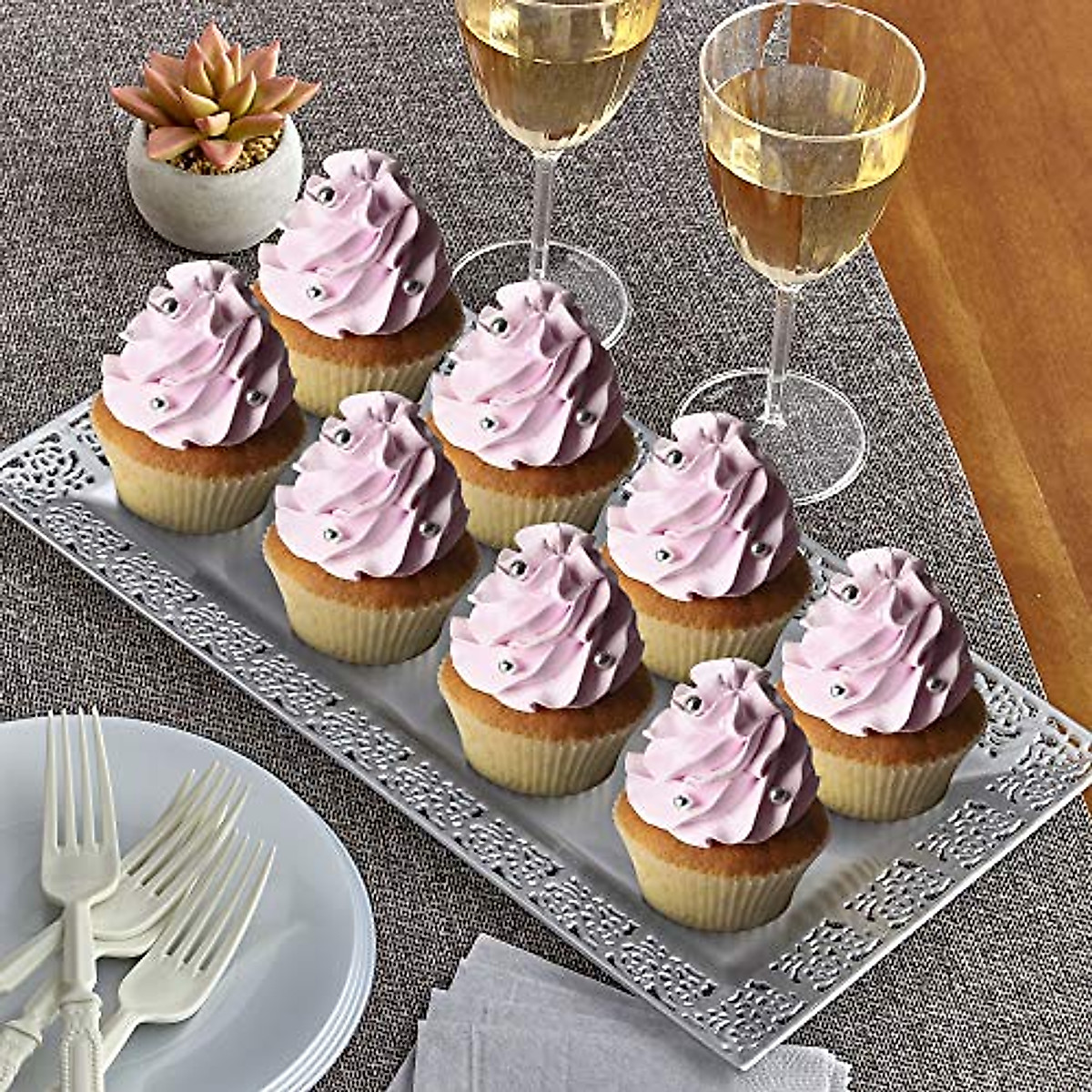 Elegant Lace Plastic Serving Trays (6 PC), Disposable Plastic Trays and Platters for Party - 14” x 7.5”, Serves Snacks, Charcuterie, Desserts, Sweets, Perfect for Upscale Wedding, and Dining - Silver