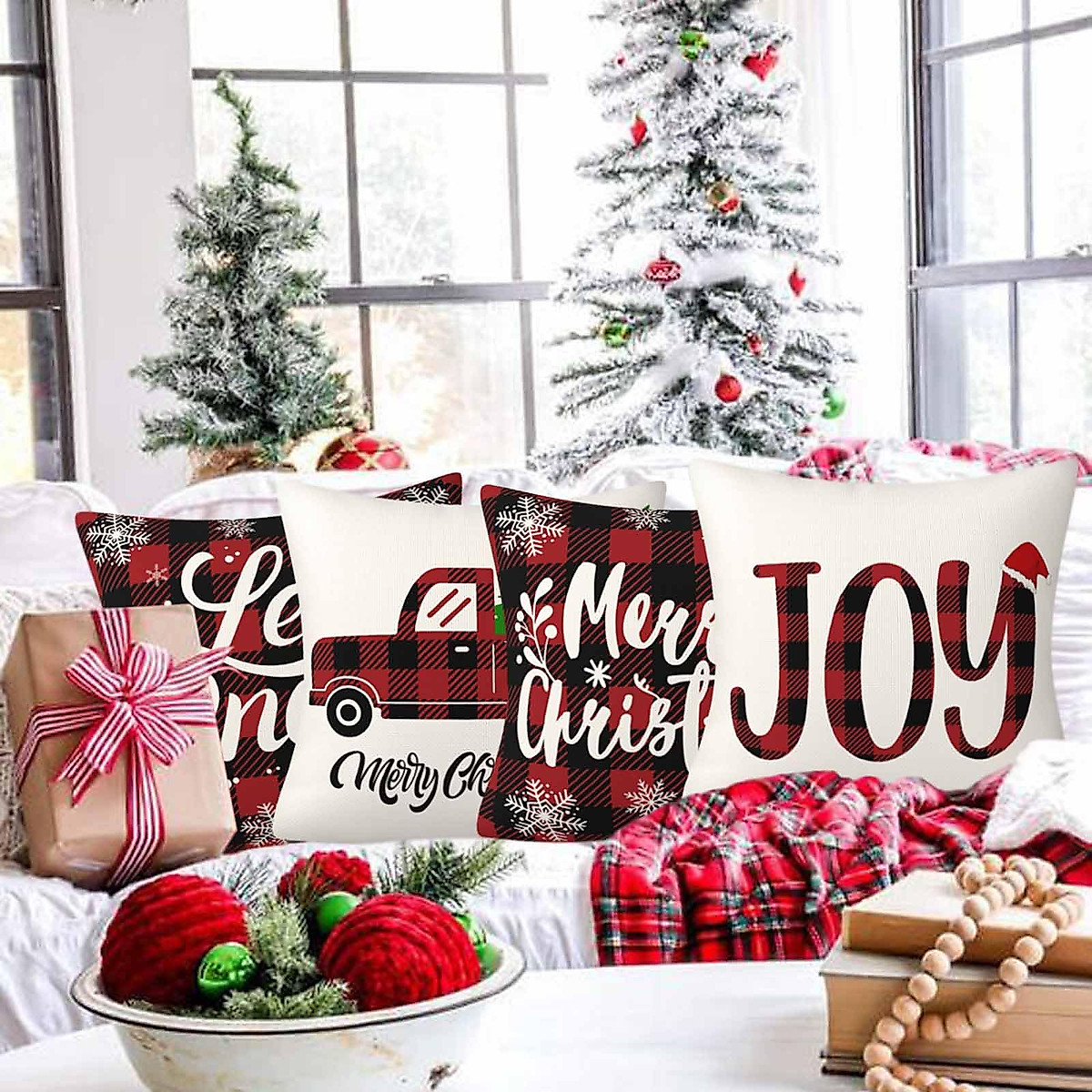 Veilpuo Christmas Pillow Covers 18 x 18 Inch Set of 4 for Christmas Decoration Farmhouse Black and Red Buffalo Plaid Pillow Case for Christmas Home Office Sofa Couch Bed Decoration