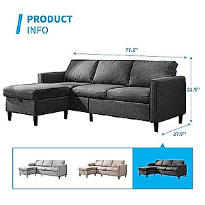 CECER Convertible Sectional Sofa Couch Set 3 Seat L Shaped Sofa Couch with Flexible Storage Ottoman Chaise Modern Modular Sleeper Couches for Living Room Apartment Office - Dark Grey