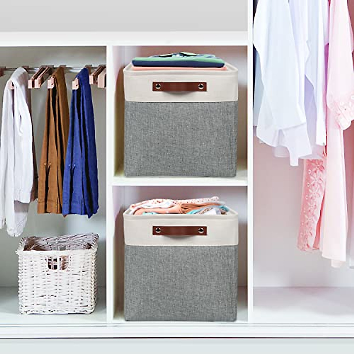 Univivi Fabric Cube Storage Bins 13 x 13 Storage Cube Bins with Hard Bottom and PU Handles Storage Cubes Organizer for Shelf Nursery Home 4 pack（Dark Grey）