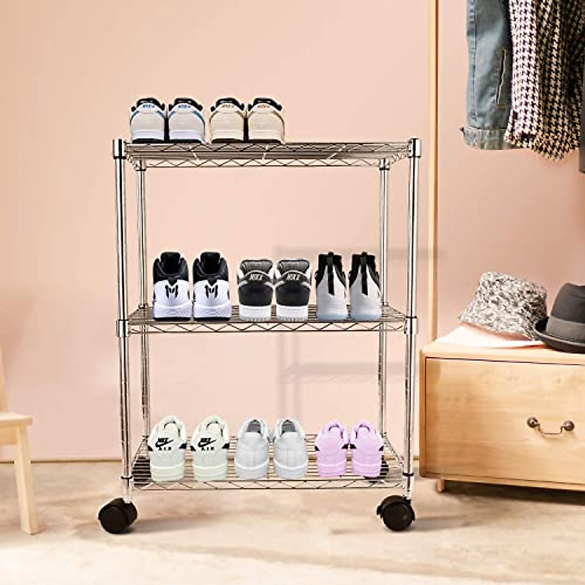 Simple Deluxe Heavy Duty 3-Shelf Shelving with Wheels, Adjustable Storage Units, Steel Organizer Wire Rack, Chrome