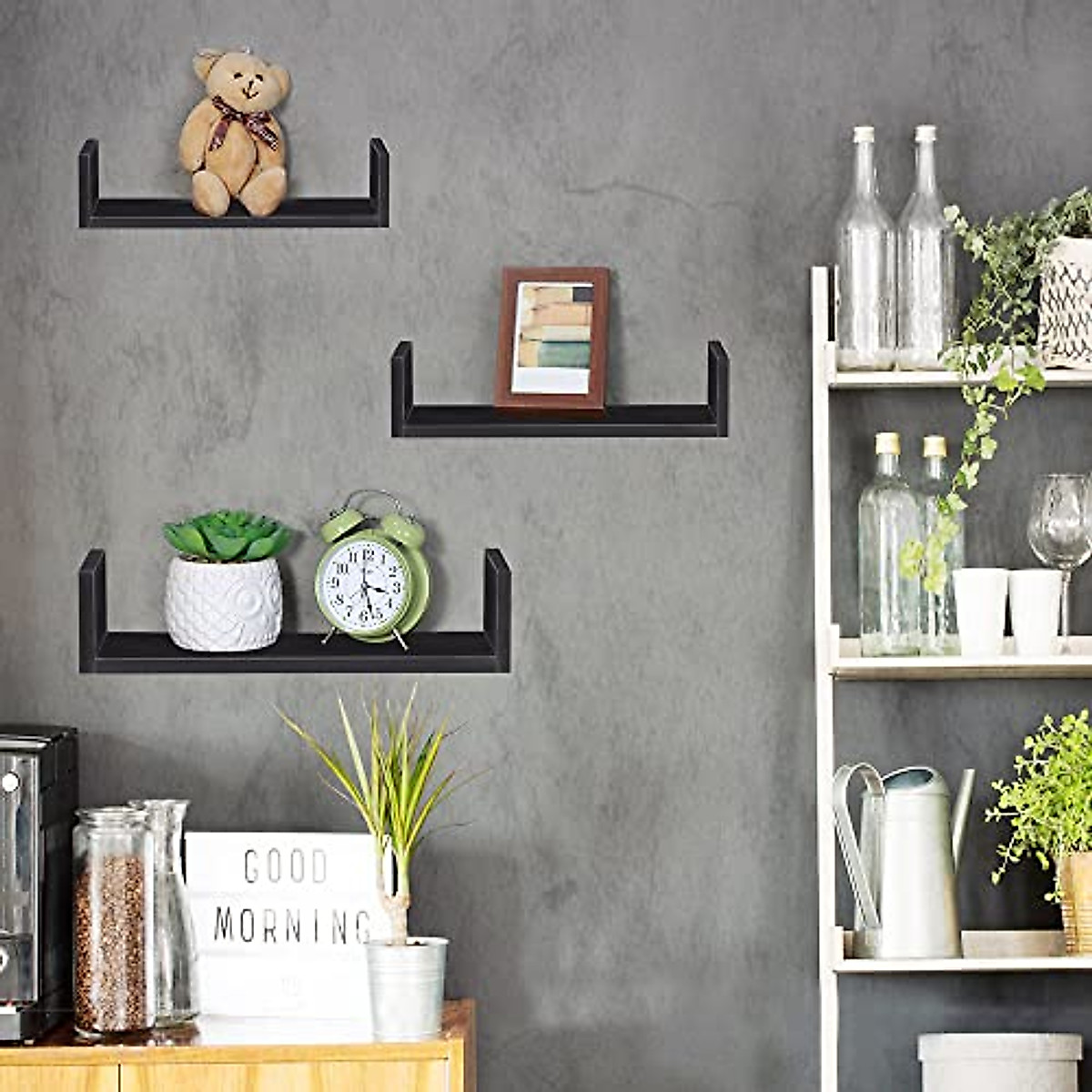 NEX Rustic Wood Floating Shelves Set of 3 U Shape Wall Mounted Shelf for Bathroom Bedroom Living Room