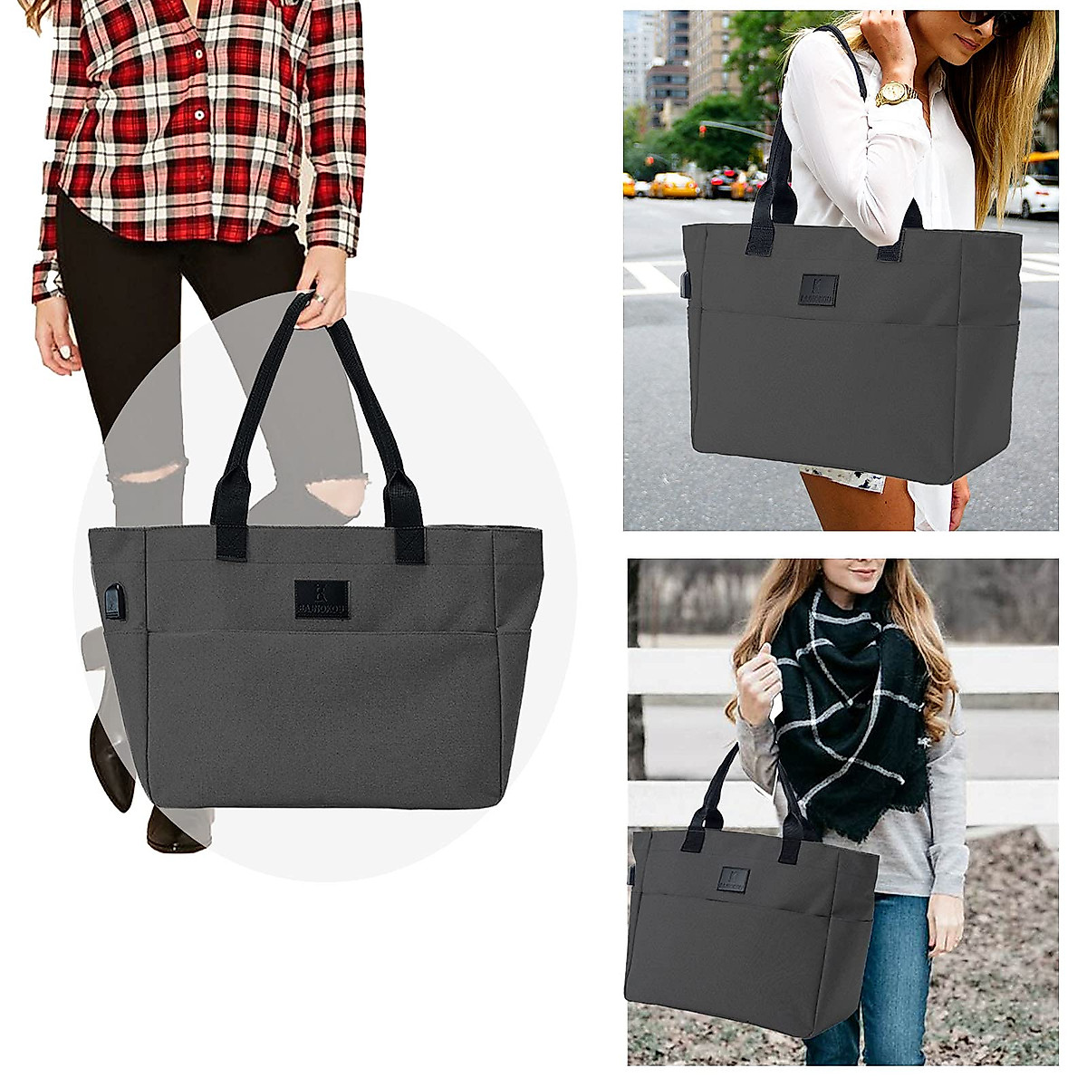 Tote Bag for Women Large Work Bags Laptop 15.6-17 Inch Handbag Purse Book Bag with Zipper for Nurse Teacher School, Blackgrey