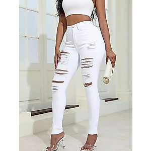 DLAYBGFA Ripped Skinny Jeans for Women High Waisted Stretch Slim Fit Distressed Butt Lifting Denim Jeans Pants(White,XXL)