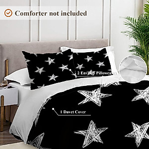 Shrahala Stars Star Black White Duvet Cover Set Queen Size, Chalkboard Stars 3 Pieces Soft Brushed 100% Cotton Duvet Covers with Button Closure, 1 Duvet Cover 90x90 inches and 2 Pillow Shams