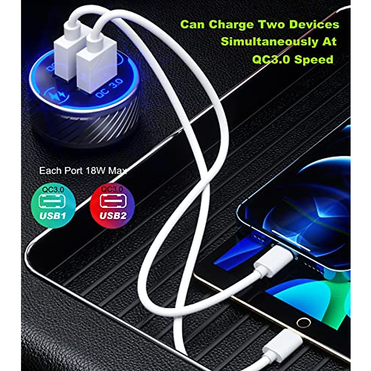 Car Charger, BRCOVAN Dual QC3.0 Port USB Car Charger Adapter, 36W 3A Fast Charge Car Phone Charger with Touch Switch & Blue LED