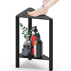 Gyykzz Metal Corner Shower Stool for Shaving Legs, Shower Stool for Inside Shower Waterproof, Bathroom Shower Corner Stool Small Step Stool, Matte Black Shower Foot Stool with Non-Slip Rubber Mat