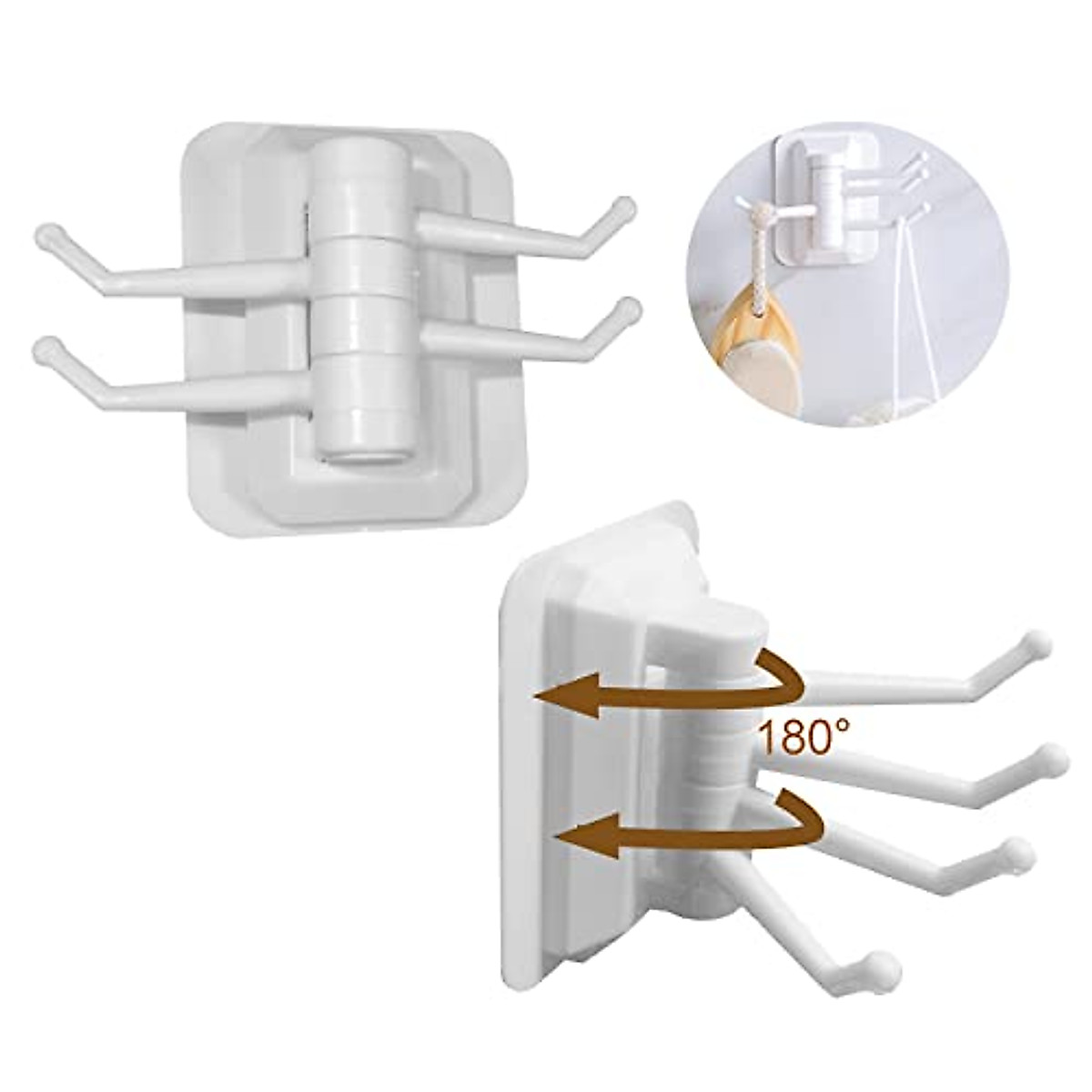 Fineget Wall Adhesive Hooks for Hanging Towel Key Hat Bathroom Kitchen Door Hooks 4 Rotatable Arms Sticky Retail Hooks White 8 Pairs