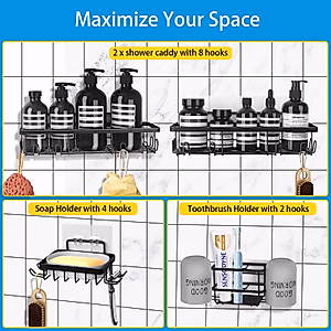 Rivisotamy 4 Pack Shower Organizer Caddy Sets with 22 Hooks, Bathroom Organizers and Storage Essentials, Shower Shelves with Dish Soap Holder & Toothbrush Holders, Rustproof Stainless, Black…
