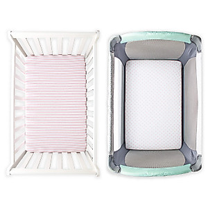 NODNAL CO. 3 Fitted Pink Mini Crib Pack n Play Playard Portable Crib Sheets Set - 100% Oeko-TEX Cotton Baby Girl Nursery Bedding - Chevron, Polka Dot, & Stripe Travel Pack and Play Playpen Sheet