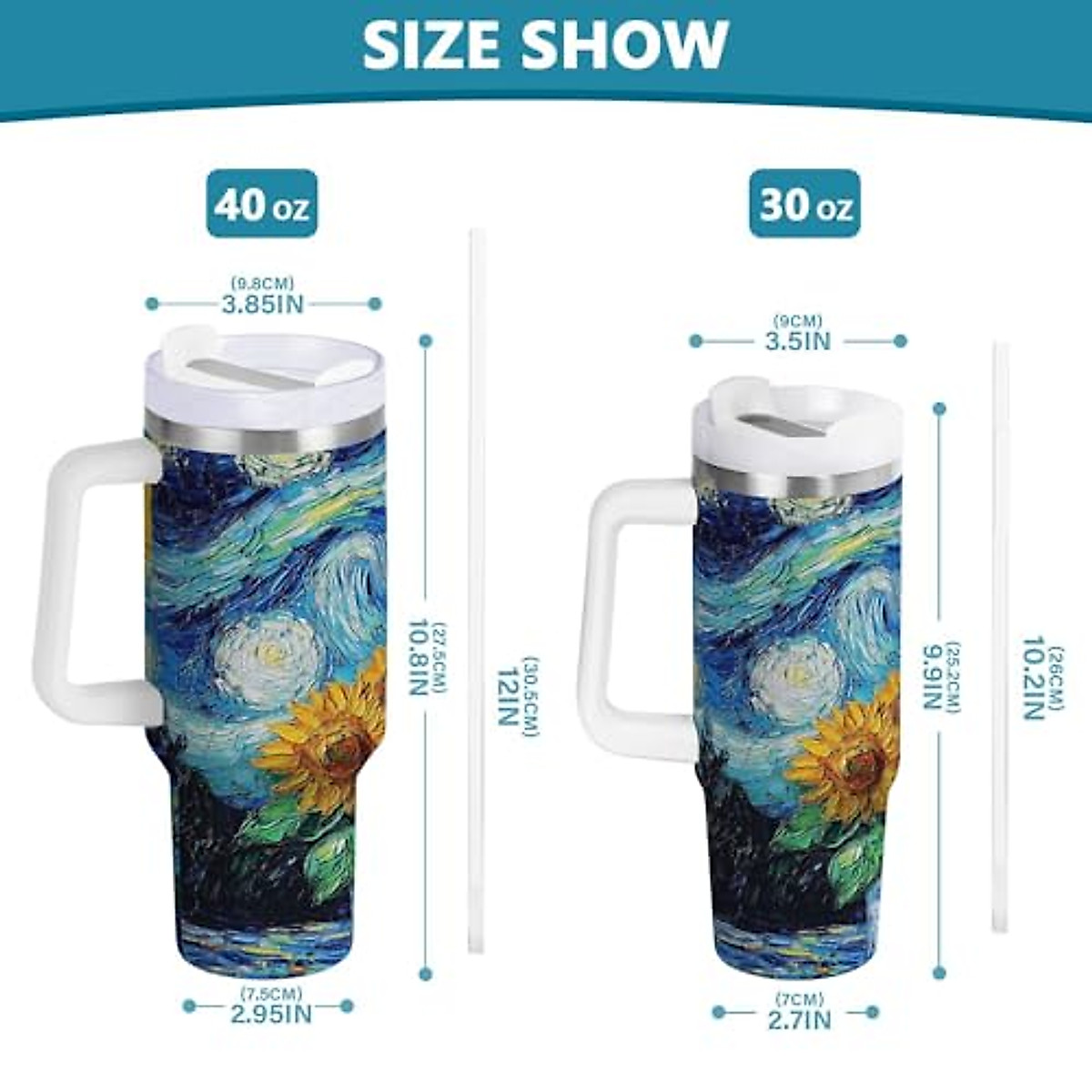 RPLIFE Starry Night Sunflowers Blue Stainless Steel Coffee Cup, Insulated Tumblers, Tumblers for Women