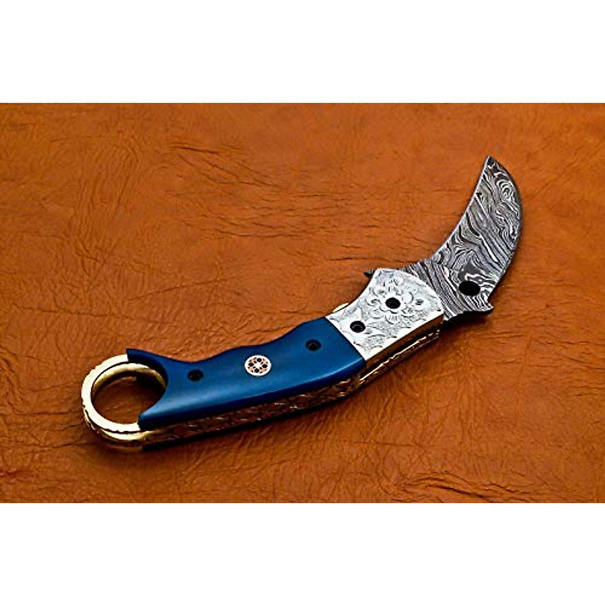 8.5" Handmade Damascus Folding Pocket Knife Karambit Knife Hunting Knife Handle Camel Bone Handmade Damascus Steel with Leather Sheath B50