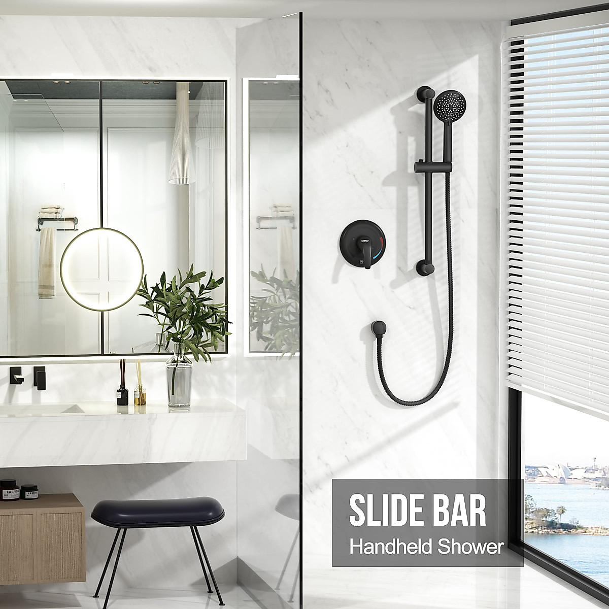 Gabrylly Slide Bar Shower Faucet Set for Bathroom with High Pressure 5-Setting Handheld Shower Set, Shower Valve with Trim and Diverter,Matte Black