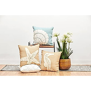 C&F Home Shell Burlap Applique Throw Pillow Blue Off White Coastal Tropical Ocean Sea Life Design Handcrafted Cotton Applique Pillow 18" x 18" Blue