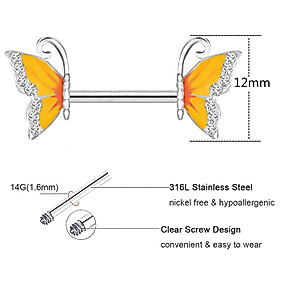 BODY16G CZCZ 14G Butterfly Nipple Rings 316L Stainless Steel Nipple Barbell Nipple Piercing Jewelry for Women