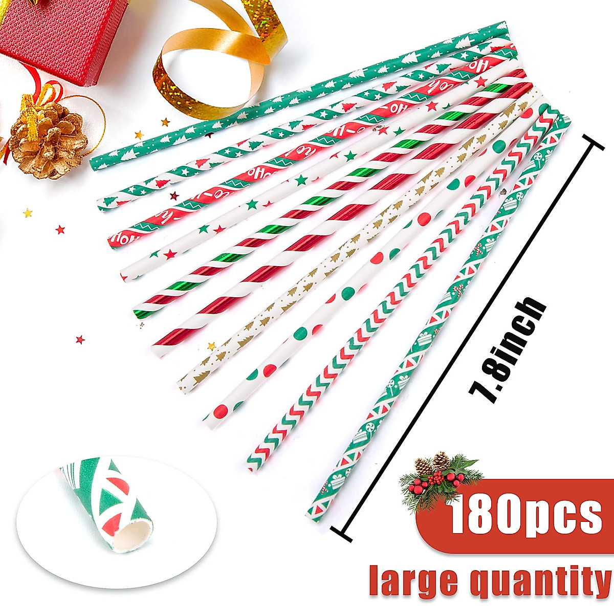 HANSGO Christmas Paper Straws, 180PCS Christmas Drinking Straws Striped Decorative Straws Bulk for New Year Christmas Party Company Annual Meeting Drinking