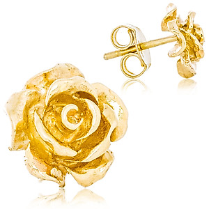 Solid 14K Yellow Gold Rose Flower Stud Earrings Handcrafted style 3/8 inch with Post and Friction Back | 2.0g