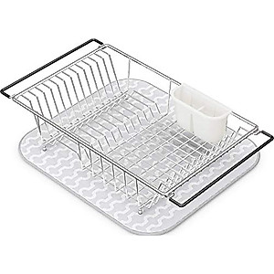 Simple Houseware Large Over Sink Counter Top Dish Drainer Drying Rack with Drying Mat and Utensil Holder, Chrome
