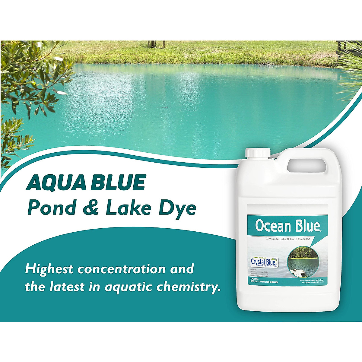 Crystal Blue Ocean Blue Pond Dye - 1 Gallon - Aqua Blue Color Treats up to 1 Acre - Clean, Clear & Aqua Blue Water - Environmentally Friendly Pond Dye
