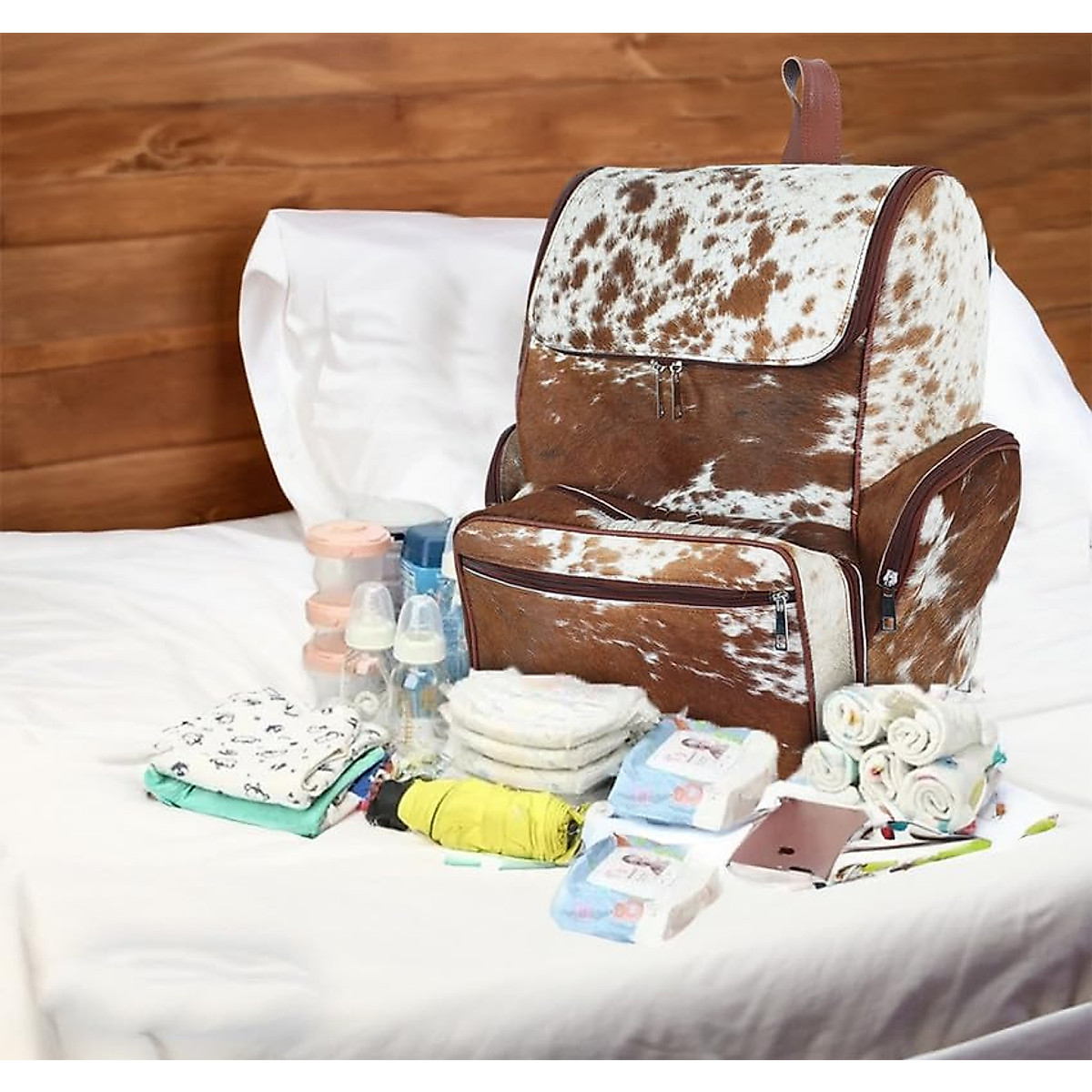 LP-FACON Western Cowhide Print Leather Diaper Backpack | Cute Shower Gifts For Mom | Large Travel Bag Brown & White