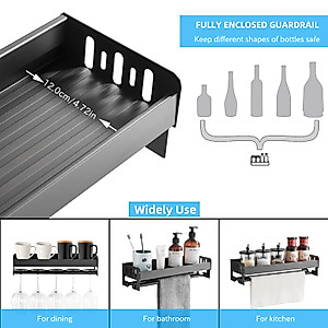 SIMVE Wine Rack Wall Mounted and Glass Holder Modern 15.7 Inch Bottle Floating Shelf with Stemware Hanger Metal Glassware Drying Storage Hanging Organizer for Home Bar Black