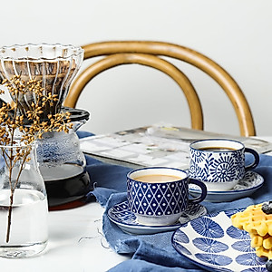 Selamica Ceramic Espresso Cups with Saucers and Metal Stand, 2.5 OZ Stackable Demitasse Cups for Espresso Latte Café Mocha Tea, Set of 4, Vintage Blue