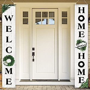 Allenjoy Boxwood Welcome Decorations Sign Home Sweet Home Porch Banner Vertical Haning Wall Door Decor White Wood Farmhouse Outdoor Indoor 11.8x70.9 Inch Home Event Front Yard Party Supplies 2PCS