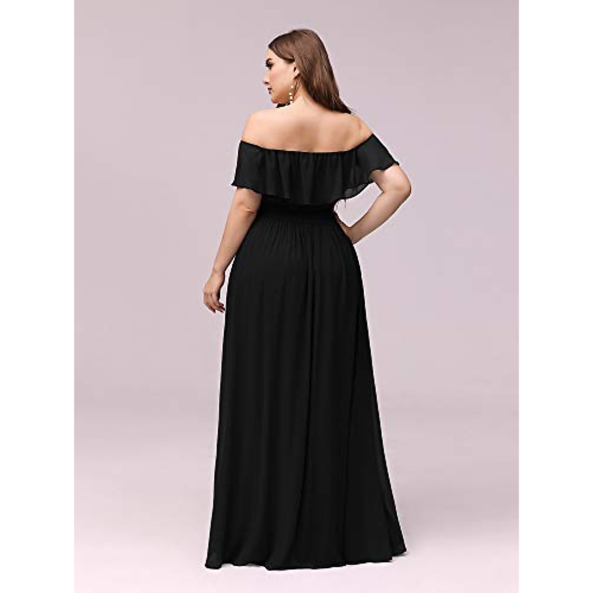 Ever-Pretty Women's Off Shoulder Ruffle Sleeves Side Split Chiffon Plus Size Semi Formal Dresses for Women Black US24