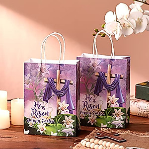 16 Pieces Easter Treat Bags Inspiring He Is Risen Sign Paper Gift Bags Cookie Egg Candy Goody Religious Gifts Easter Bags with Handles for Easter Theme Bible School Christian Religious Party Favor