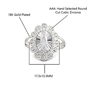 Savlano 18K White Gold Plated Oval Lady of Guadalupe Virgin Mary with Round Cut Cubic Zirconia Women Religious Floral Ring (7)