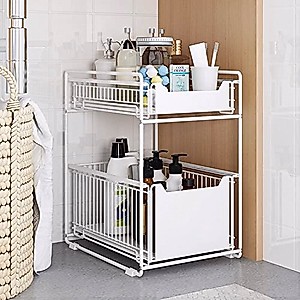 LEAYAN Under Sink Storage 2 Tier Cabinet Rack Under Sink Shelf,Under Sink with Sliding Drawer,Under Sink Organizer Removable,for Kitchen and Bathroom Under Sink Rack Shelf, White 37.5 * 28 * 43.5cm